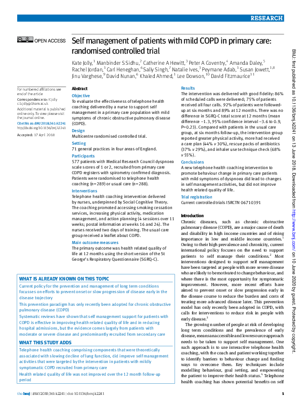 (PDF) Self management of patients with mild COPD in primary care: randomised controlled trial