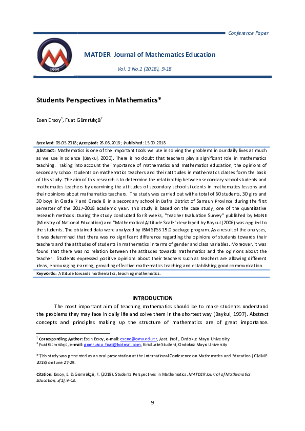 (PDF) Students Perspectives in Mathematics