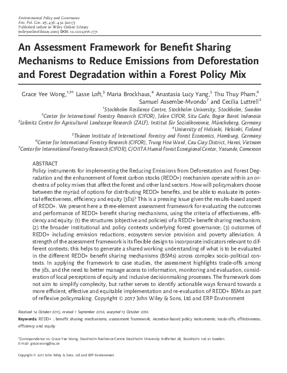(PDF) An Assessment Framework for Benefit Sharing Mechanisms to Reduce ...