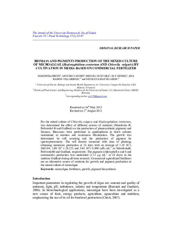 (PDF) BIOMASS AND PIGMENTS PRODUCTION OF THE MIXED CULTURE OF MICROALGAE (Hyaloraphidium ...