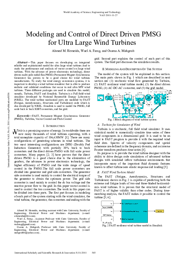 Pdf Modeling And Control Of Direct Driven Pmsg Wind Turbine Emulator Using Fast Nonlinear Wind