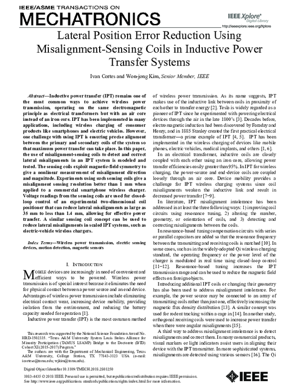 Pdf Lateral Position Error Reduction Using Misalignment Sensing Coils In Inductive Power