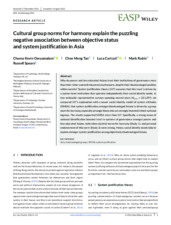 (PDF) Cultural group norms for harmony explain the puzzling negative ...