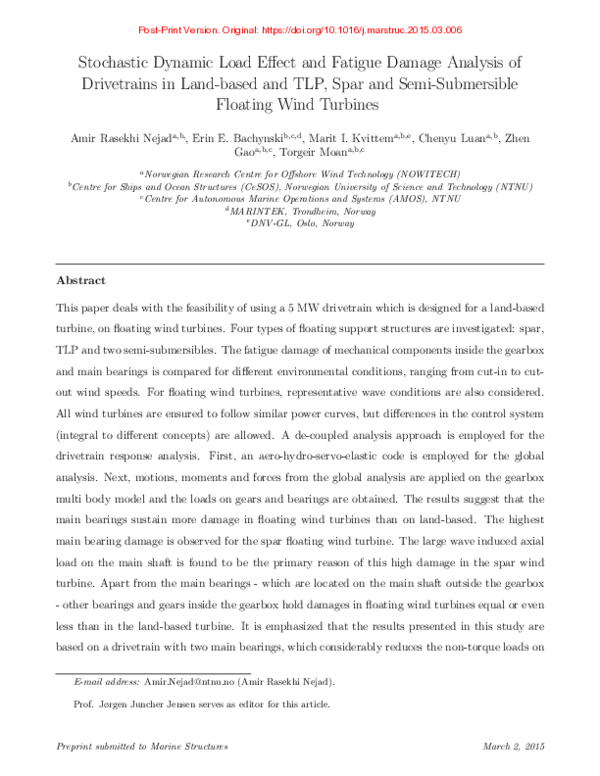 (PDF) Stochastic dynamic load effect and fatigue damage analysis of drivetrains in land-based ...