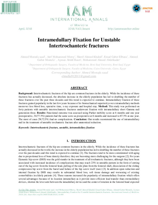 (PDF) Intramedullary Fixation for Unstable Intertrochanteric fractures
