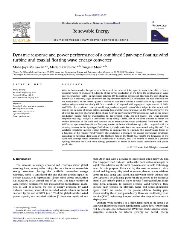 Pdf Dynamic Response And Power Performance Of A Combined Spar Type Floating Wind Turbine And
