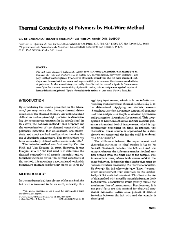 (PDF) Thermal conductivity of polymers by hot-wire method