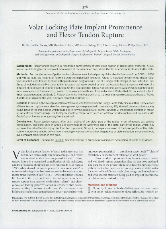(PDF) Volar Locking Plate Implant Prominence and Flexor Tendon Rupture