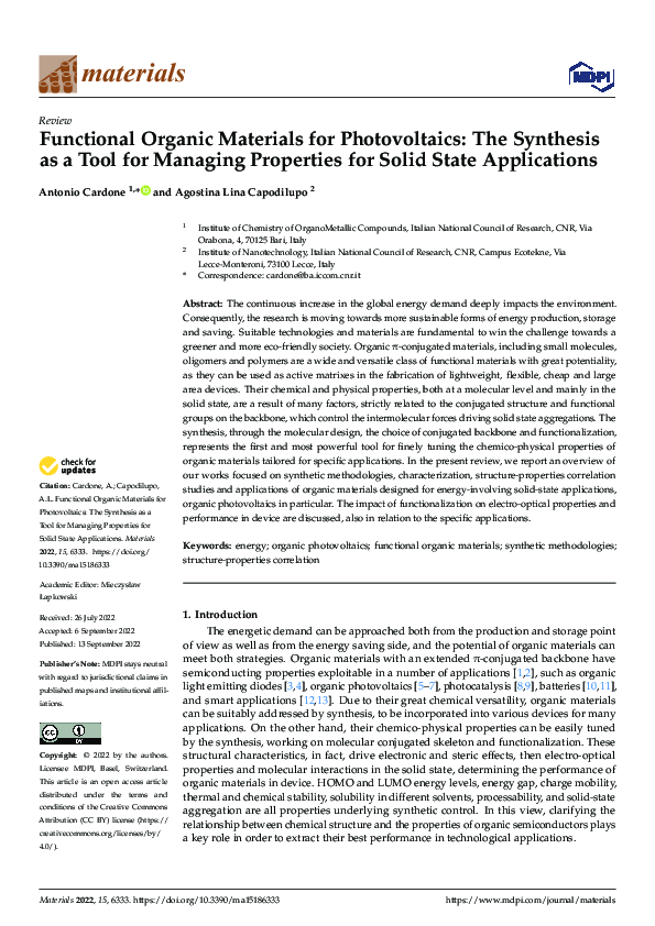 (PDF) Functional Organic Materials for Photovoltaics: The Synthesis as a Tool for Managing ...