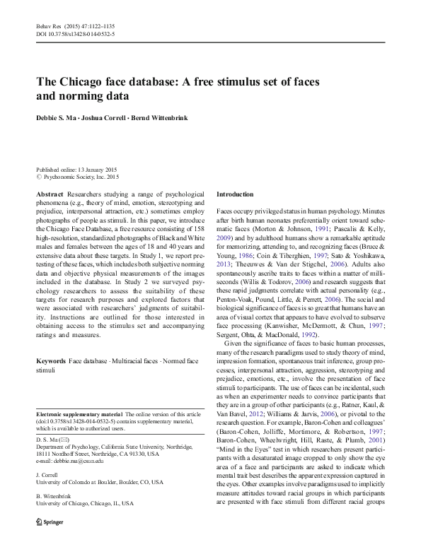 (PDF) The Chicago face database: A free stimulus set of faces and ...