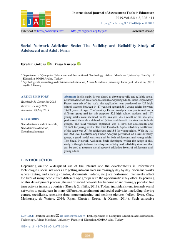 (PDF) Social Network Addiction Scale: The Validity and Reliability ...