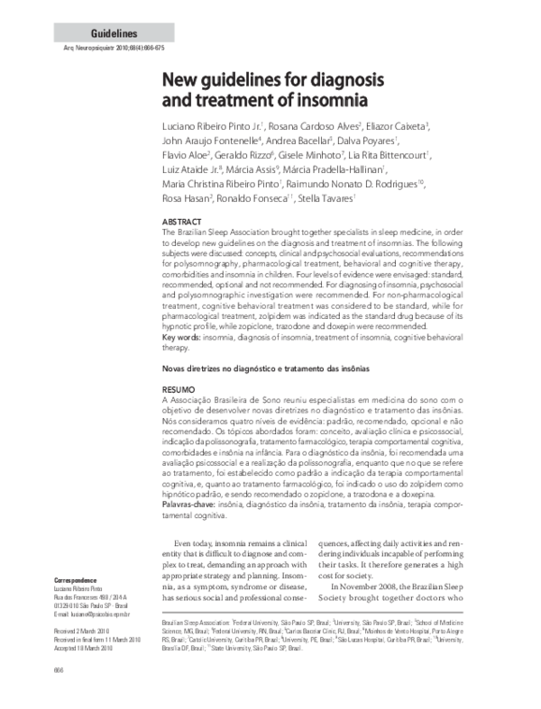 (PDF) New guidelines for diagnosis and treatment of insomnia | JOHN ...