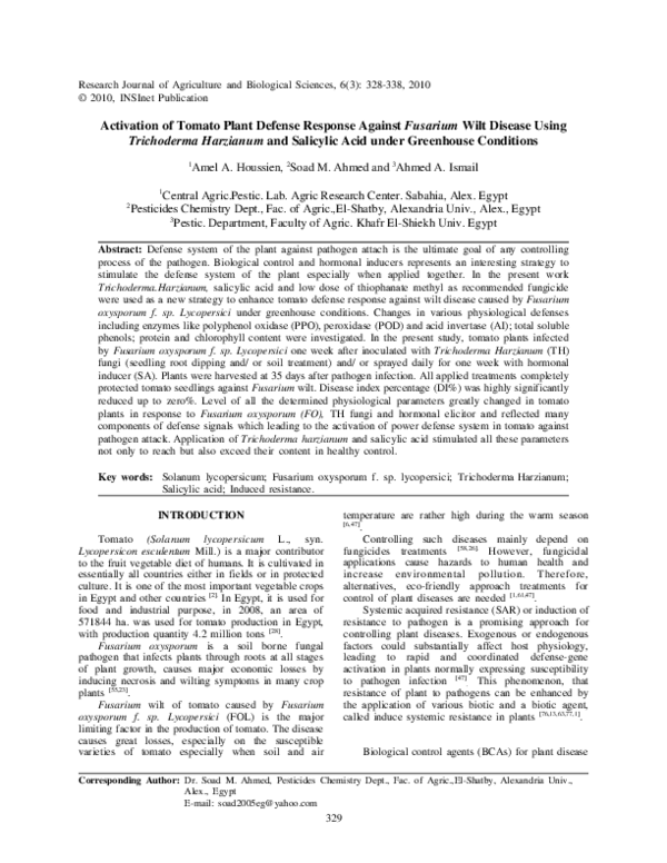 Pdf Activation Of Tomato Plant Defense Response Against Fusarium Wilt Disease Using