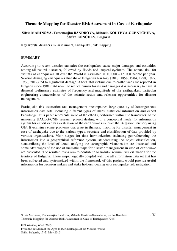 (PDF) Thematic Mapping for Disaster Risk Assessment in Case of Earthquake