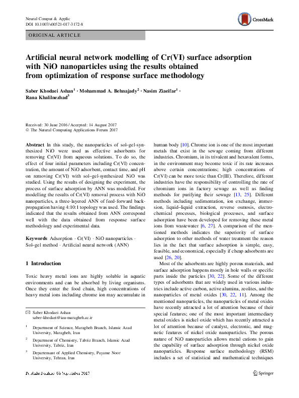 (PDF) Artificial neural network modelling of Cr(VI) surface adsorption with NiO nanoparticles ...