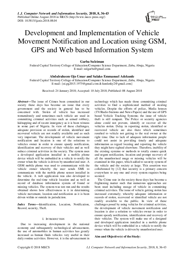 (PDF) Development and Implementation of Vehicle Movement Notification and Location using GSM ...