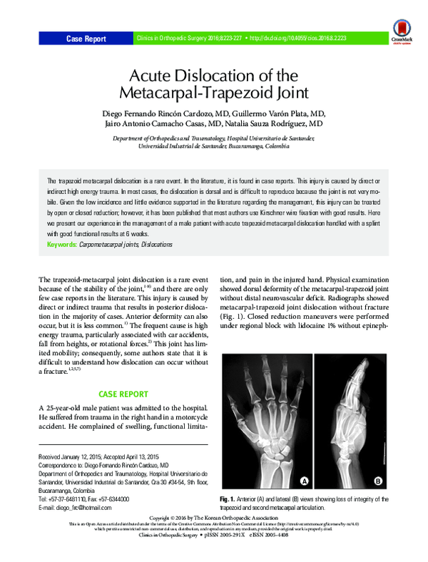 (PDF) Acute Dislocation of the Metacarpal-Trapezoid Joint