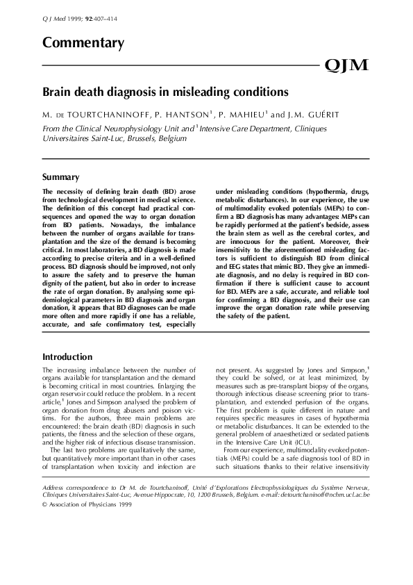 (PDF) Brain death diagnosis in misleading conditions | Marianne de ...
