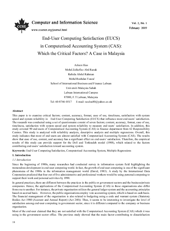Pdf End User Computing Satisfaction Eucs In Computerised Accounting System Cas Which The