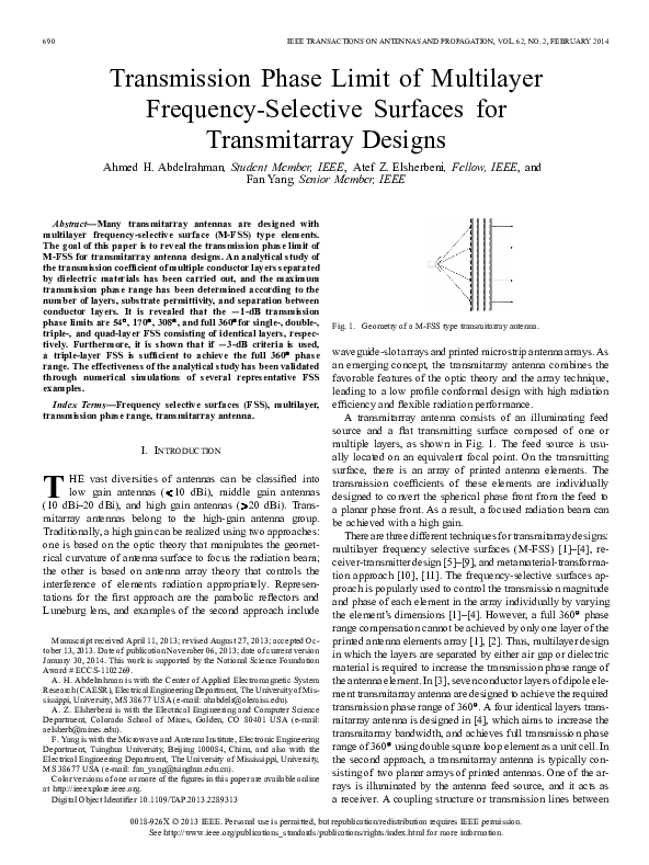 (PDF) Transmission Phase Limit of Multilayer Frequency-Selective Surfaces for Transmitarray Designs