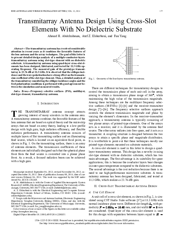 (PDF) Transmitarray Antenna Design Using Cross-Slot Elements With No Dielectric Substrate