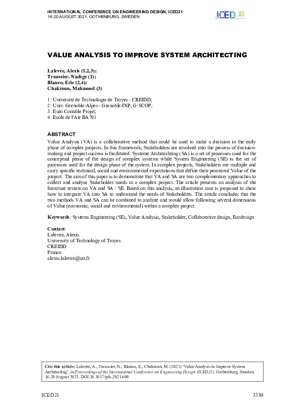 (PDF) Value Analysis to Improve System Architecting
