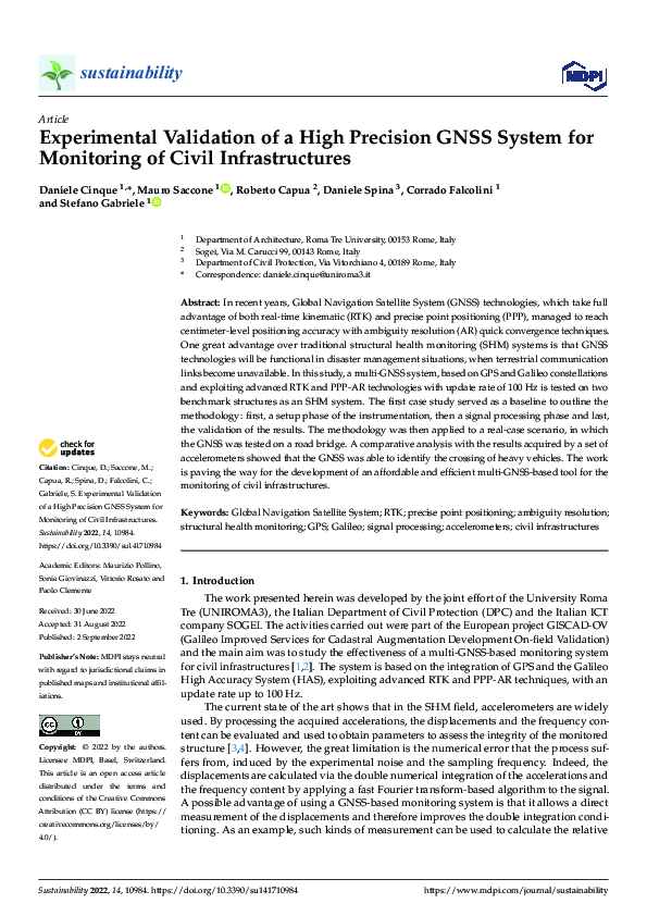 Pdf Experimental Validation Of A High Precision Gnss System For Monitoring Of Civil
