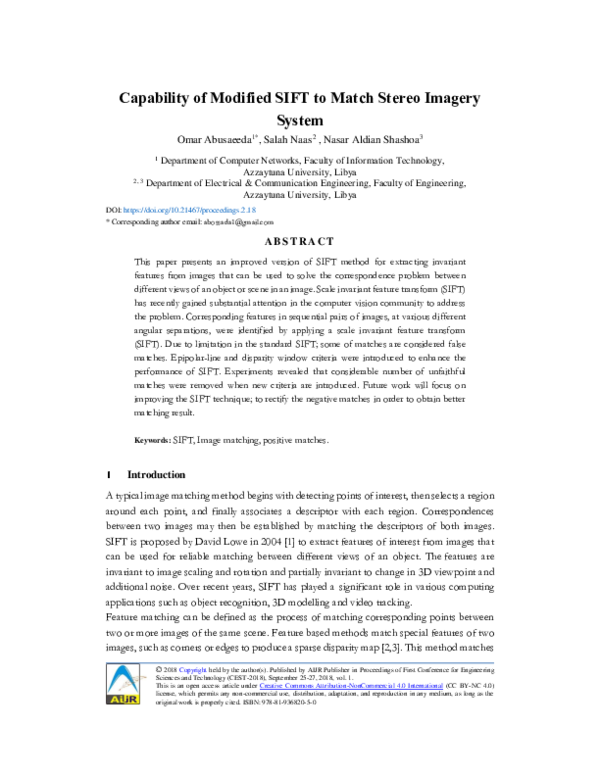 (PDF) Capability of Modified SIFT to Match Stereo Imagery System