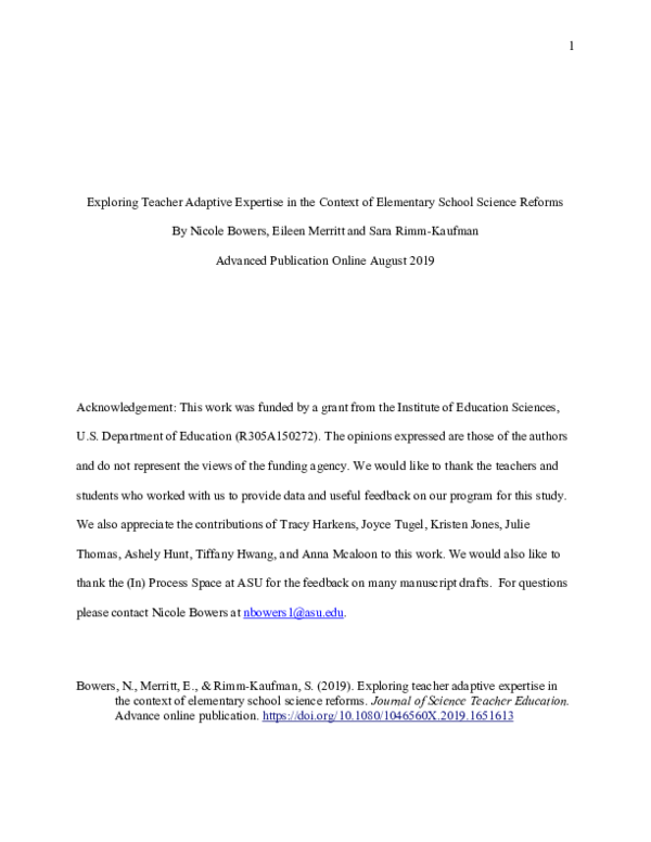 (PDF) Exploring Teacher Adaptive Expertise in the Context of Elementary School Science Reforms