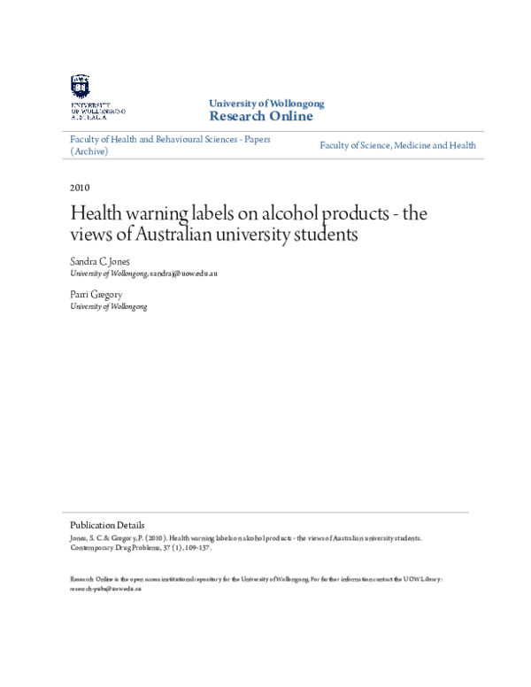 (PDF) Health Warning Labels on Alcohol Products—The Views of Australian ...