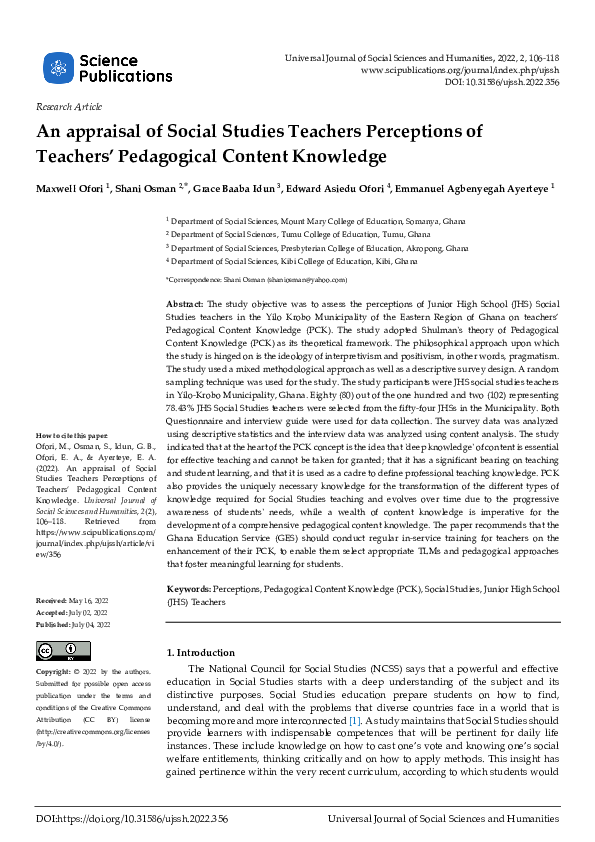 (PDF) An appraisal of Social Studies Teachers Perceptions of Teachers’ Pedagogical Content ...