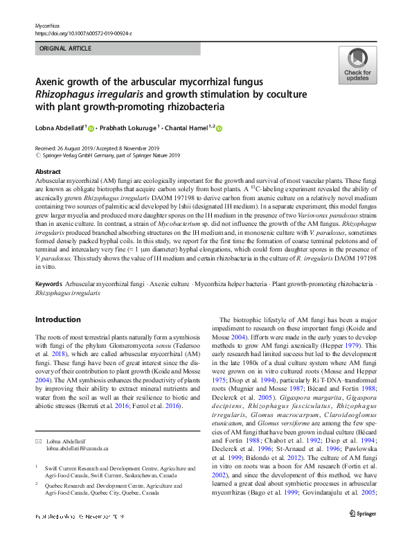(PDF) Axenic growth of the arbuscular mycorrhizal fungus Rhizophagus ...
