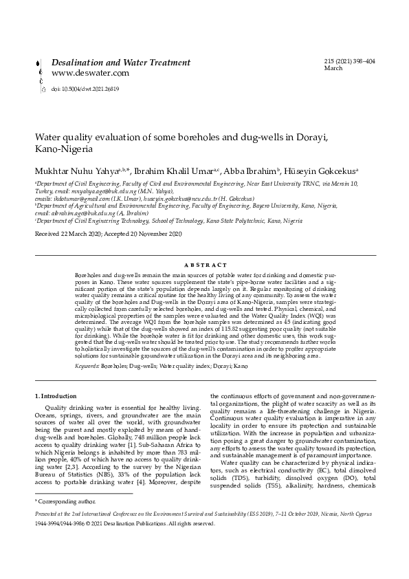 (PDF) Water quality evaluation of some boreholes and dug-wells in Dorayi, Kano-Nigeria