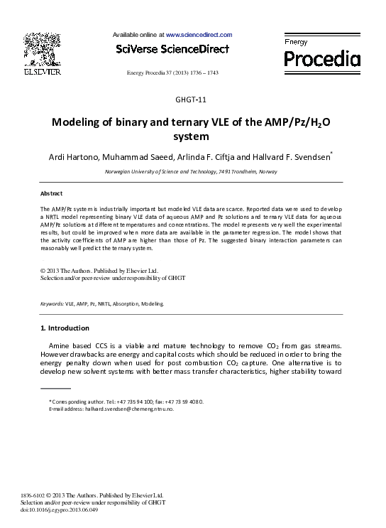 (PDF) Modeling of Binary and Ternary VLE of the AMP/Pz/H2O System