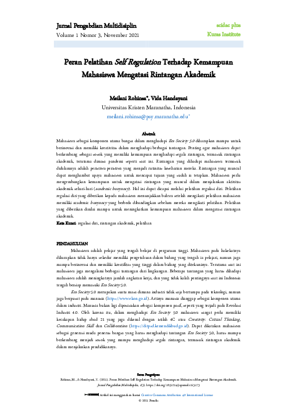 (PDF) Peran Pelatihan Self Regulation Terhadap Kemampuan Mahasiswa ...