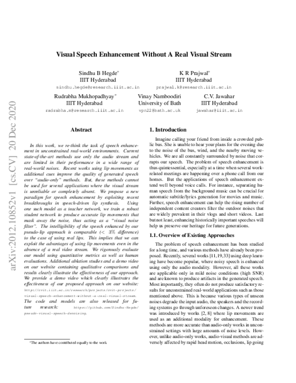 (PDF) Visual Speech Enhancement Without A Real Visual Stream