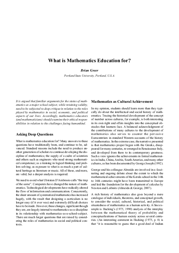 (PDF) What is Mathematics Education For