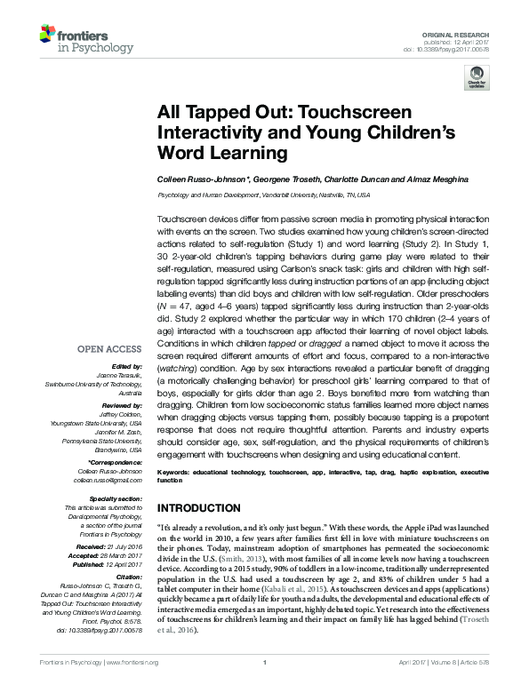 (PDF) All Tapped Out: Touchscreen Interactivity and Young Children’s ...