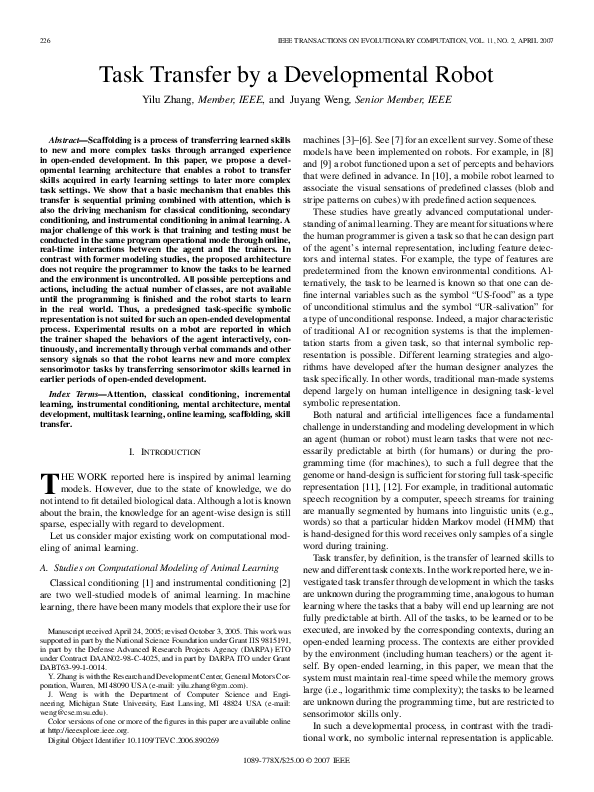 (PDF) Task Transfer by a Developmental Robot