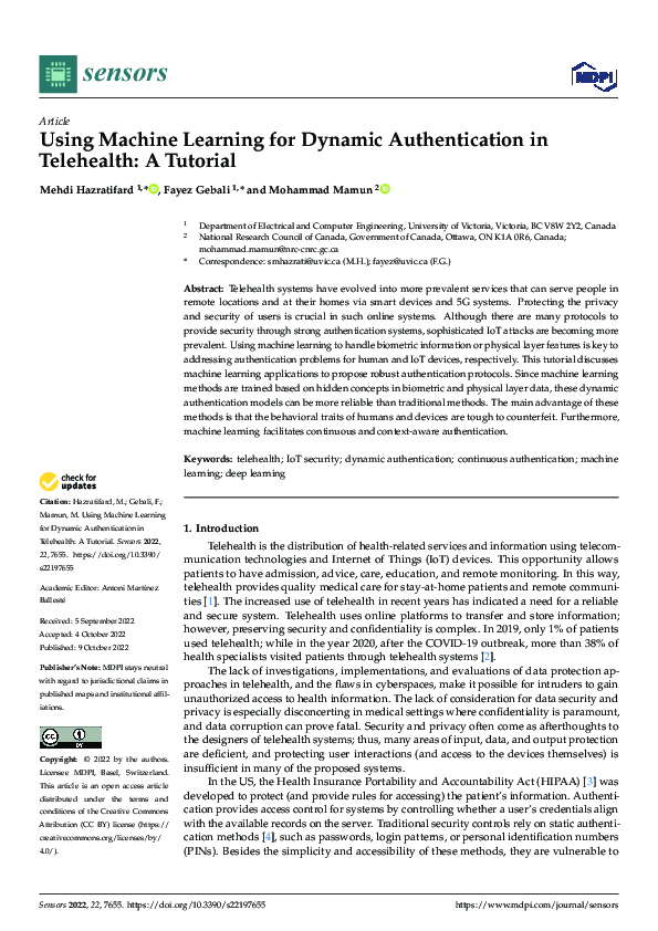 (PDF) Using Machine Learning for Dynamic Authentication in Telehealth: A Tutorial