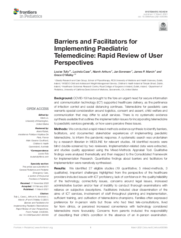 (PDF) Barriers and Facilitators for Implementing Paediatric Telemedicine: Rapid Review of User ...