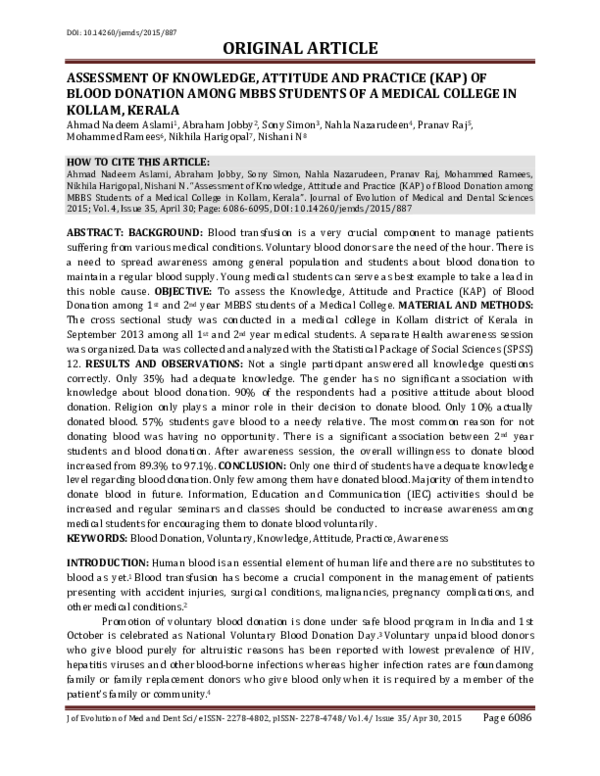 (PDF) Assessment of Knowledge, Attitude and Practice (Kap) of Blood Donation Among MBBS Students ...
