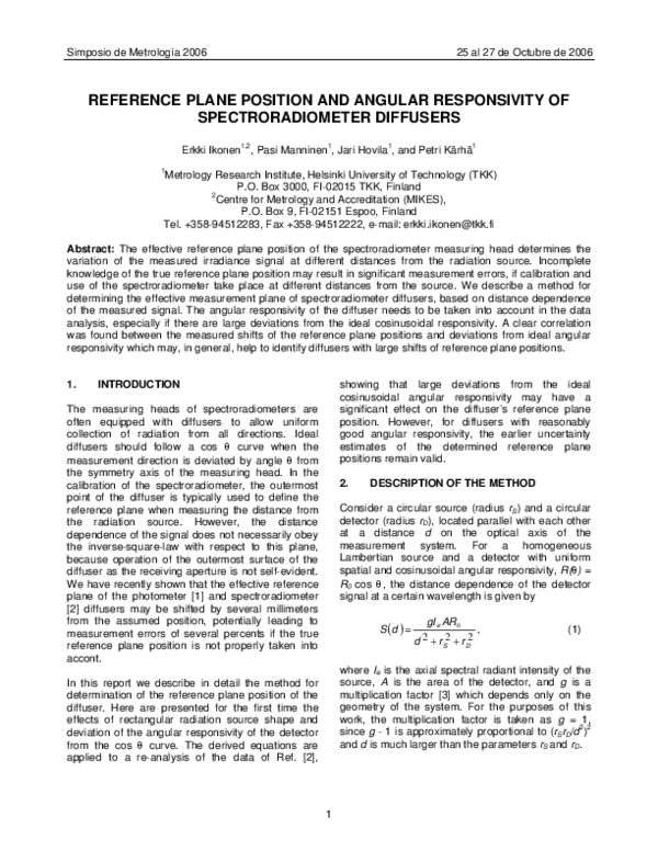 (PDF) Reference plane position and angular responsivity of ...