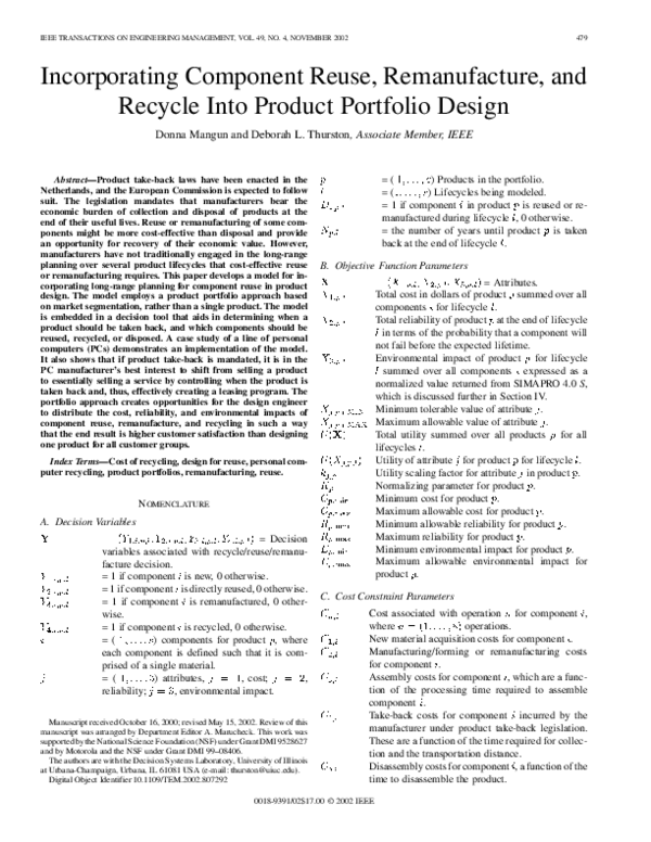 (PDF) Incorporating component reuse, remanufacture, and recycle into product portfolio design