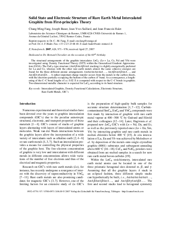 (PDF) Solid State and Electronic Structure of Rare Earth Metal Intercalated Graphite from First ...