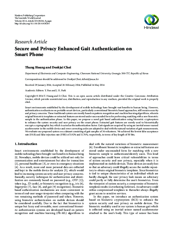 (PDF) Secure and privacy enhanced gait authentication on smart phone | Thang Hoang - Academia.edu