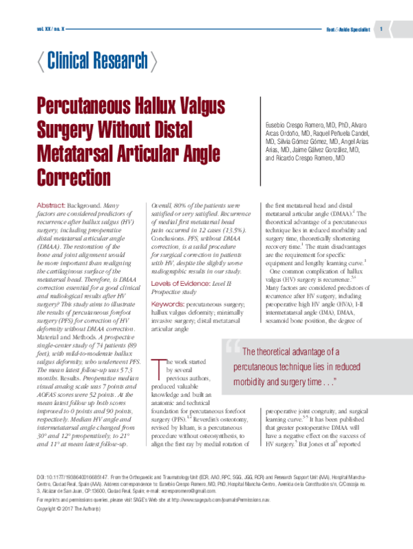 (PDF) Percutaneous Hallux Valgus Surgery Without Distal Metatarsal ...