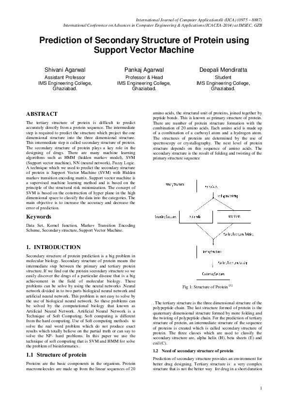 Pdf Prediction Of Secondary Structure Of Protein Using Support Vector Machine