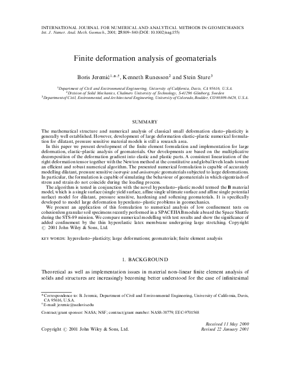(PDF) Finite deformation analysis of geomaterials | Boris Jeremić - Academia.edu