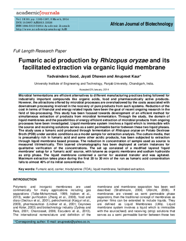 (PDF) Fumaric acid production by Rhizopus oryzae and its facilitated ...